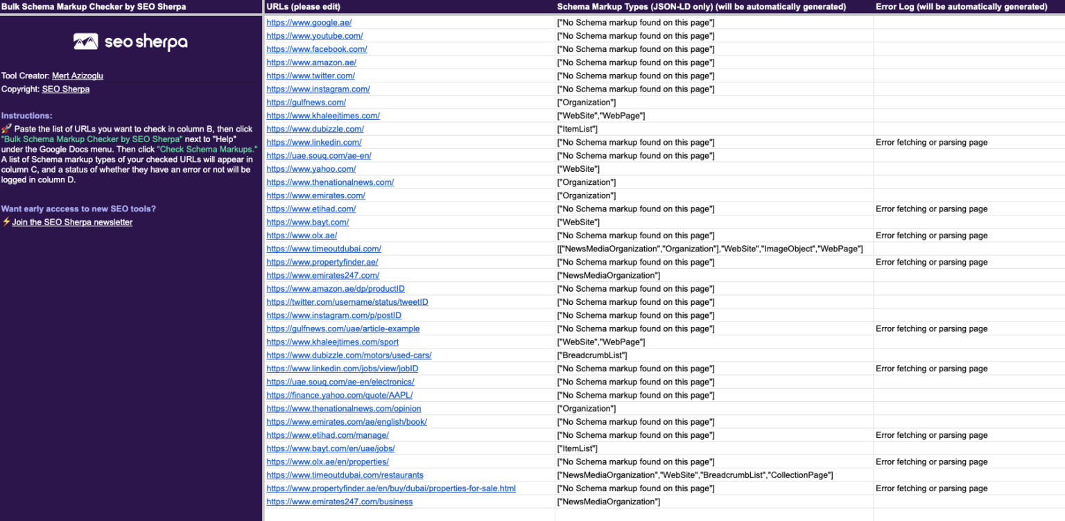 Free Bulk Schema Markup Checker Tool • SEO SHERPA™ Free Bulk Schema Markup Checker Tool • SEO SHERPA™